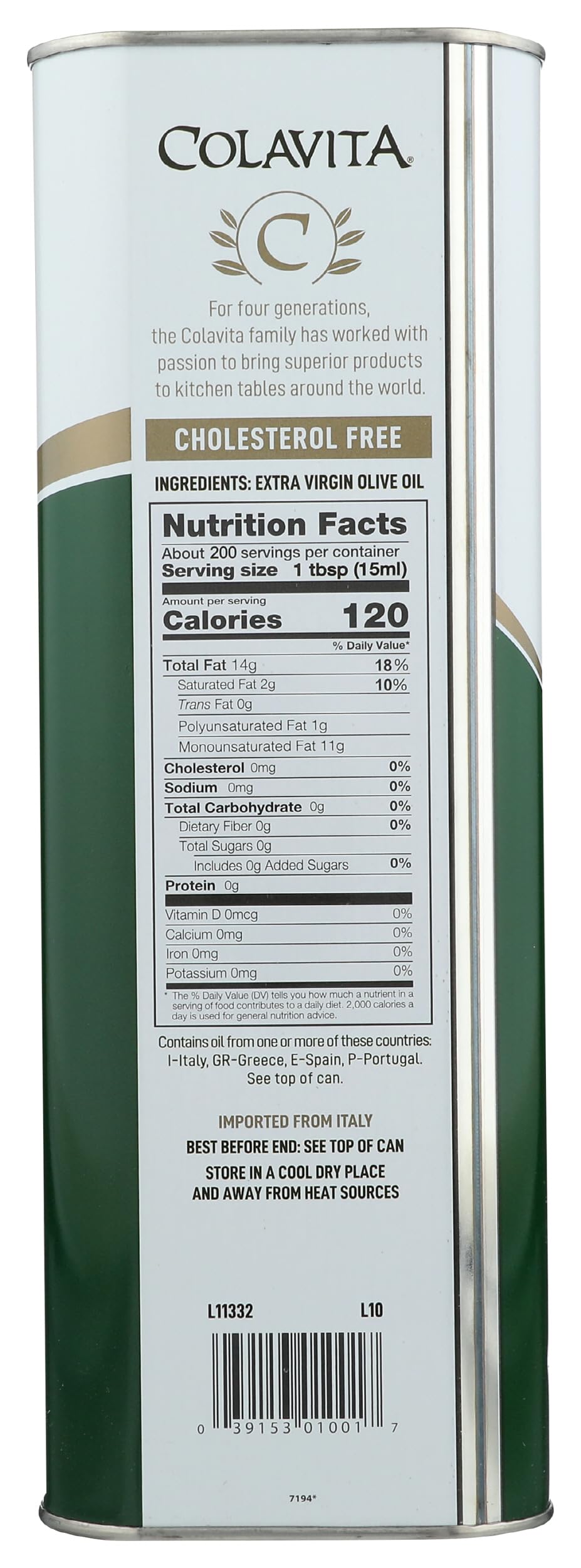 Colavita Extra Virgin Olive Oil in Tin, 3L Tin