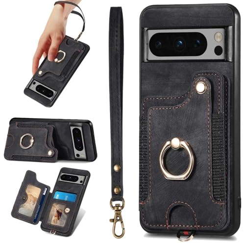JanCalm Pixel 8 Pro Case, Flip Leather Wallet, RFID-Blocking, Ring Stand, Multiple Card Slots (Black, 6.7 Inches)