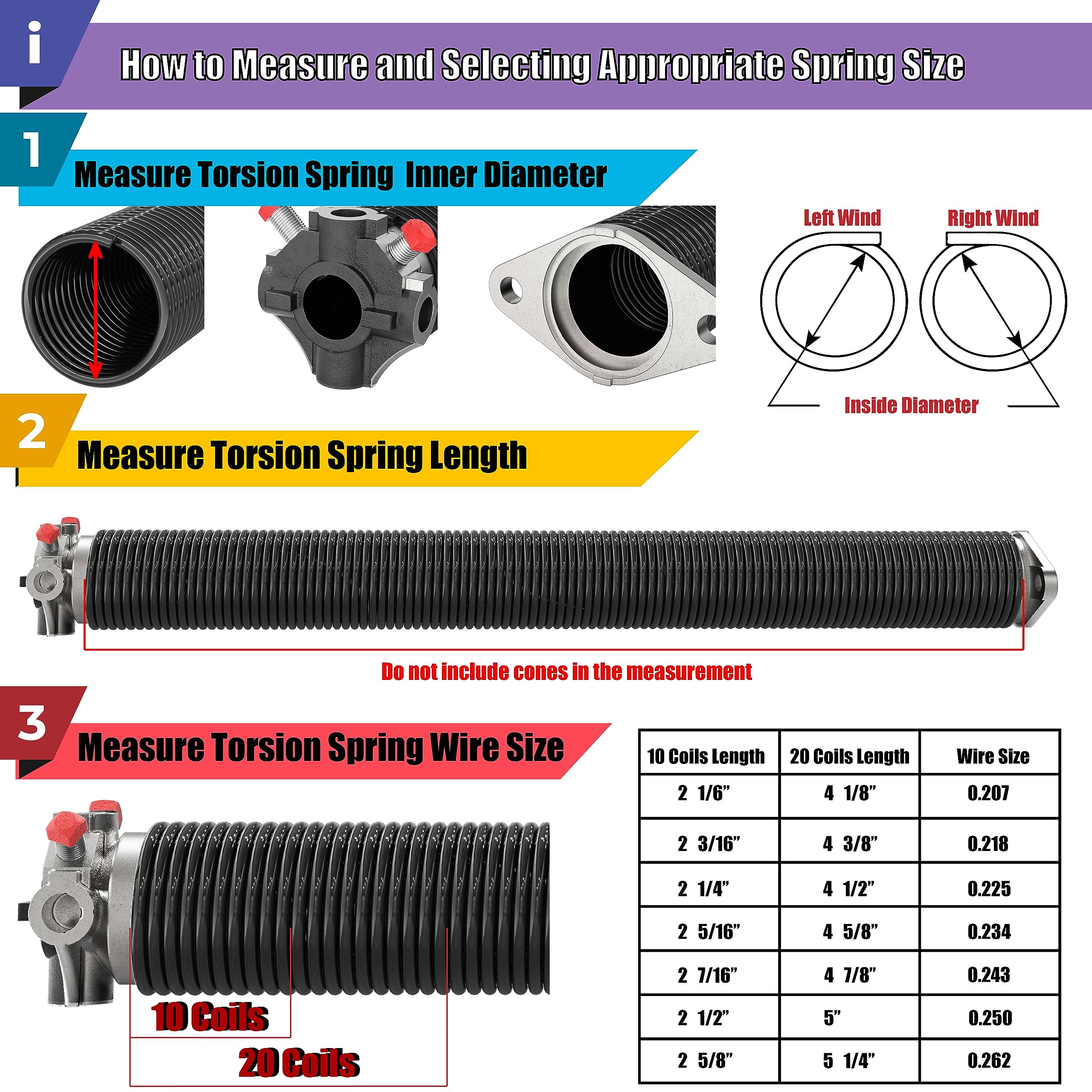 Blesseras Pair of 2" Garage Door Eletrophorsis Coated Torsion Springs Set (0.250 x 2" x 37") Includes 8.5 ft. Garage Door Cable, Pair of Non-Slip Winding Bars, Glove