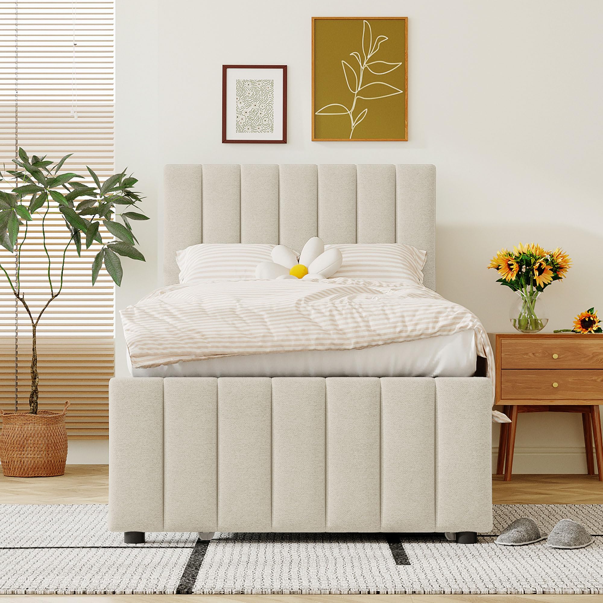 GJHOME Upholstered Platform Bed, Twin Size Wooden Bed Frame with Pull-Out Twin Size Trundle and 3 Drawers, Wood Slat Support, No Box Spring Needed, Linen Fabric, Beige