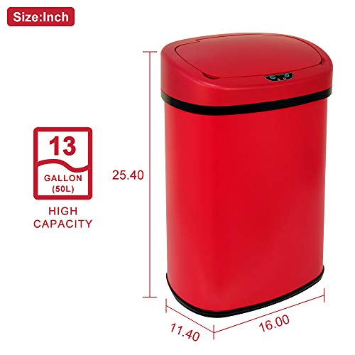 Kitchen Trash Can 13 Gallon,Stainless Steel Trash Can Touchless Garbage Can Large Trash Bin for Kitchen,Bathroom,Restroom,Office Automatic Garbage Bin,Red