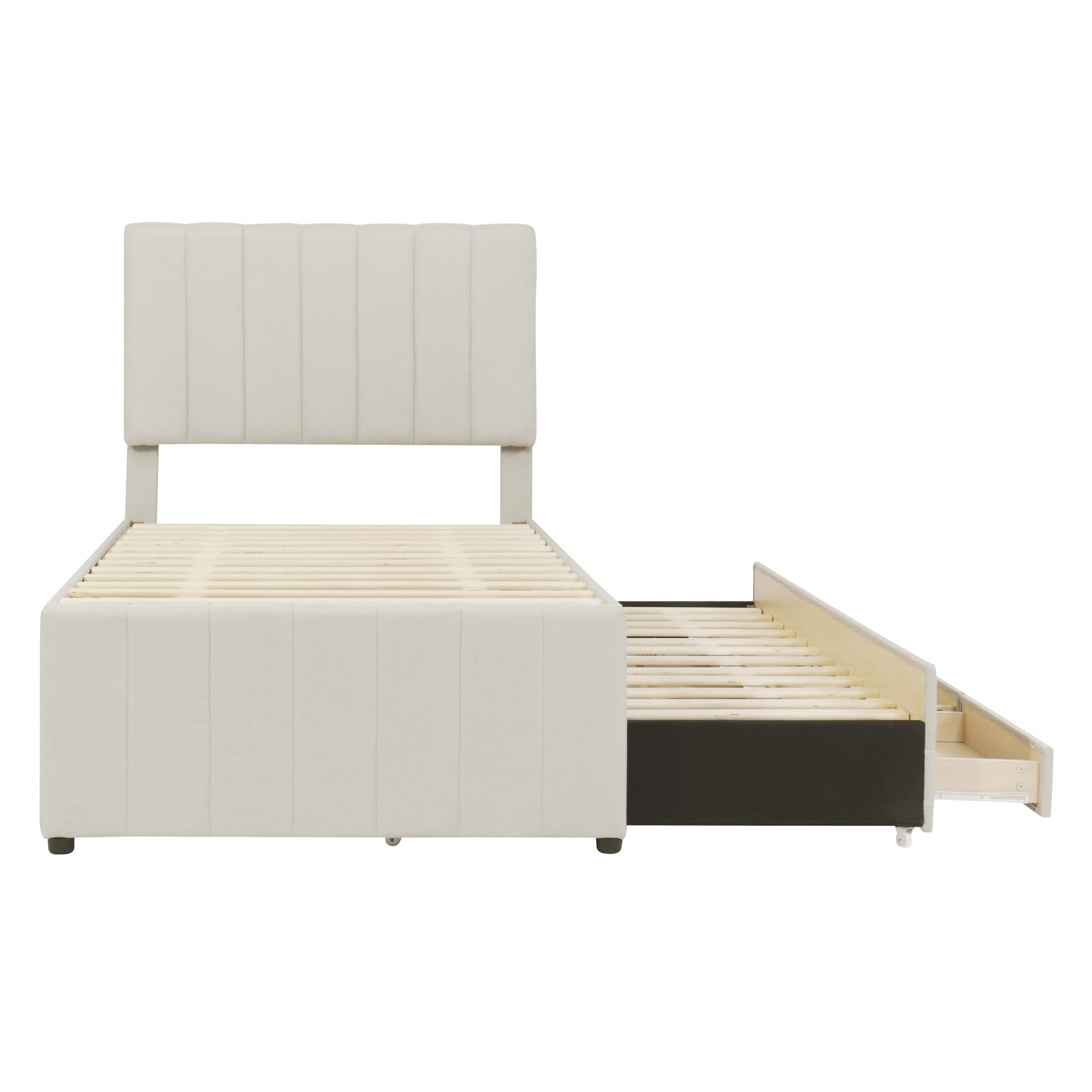 GJHOME Upholstered Platform Bed, Twin Size Wooden Bed Frame with Pull-Out Twin Size Trundle and 3 Drawers, Wood Slat Support, No Box Spring Needed, Linen Fabric, Beige