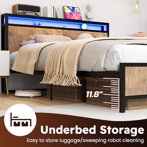 Kiivakii Full Bed Frame with Headboard Storage, LED Platform Bed with USB Ports for Bedroom Farmhouse, Heavy Duty, Wooden Board Decoration, Noise Free No Box Spring Needed, Rustic Brown