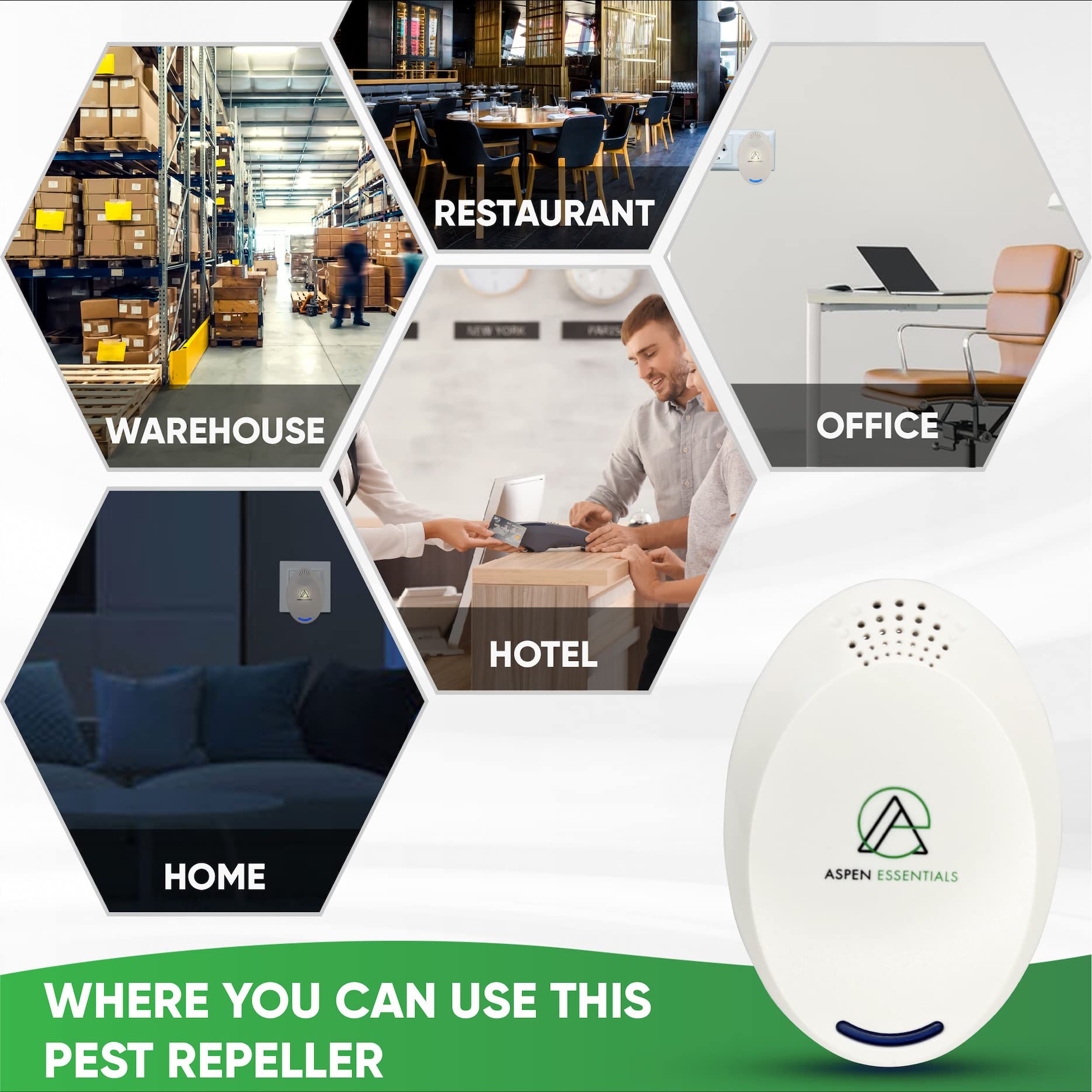Aspen Essentials Ultrasonic Pest Repeller Indoor Pack of 4 Pest Repeller Plug in Mice Repellent for House | Bug Repellent for Indoor Pest Control for Office, Warehouse and Hotel