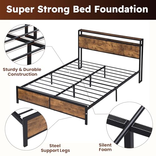 Kiivakii Full Bed Frame with Headboard Storage, LED Platform Bed with USB Ports for Bedroom Farmhouse, Heavy Duty, Wooden Board Decoration, Noise Free No Box Spring Needed, Rustic Brown