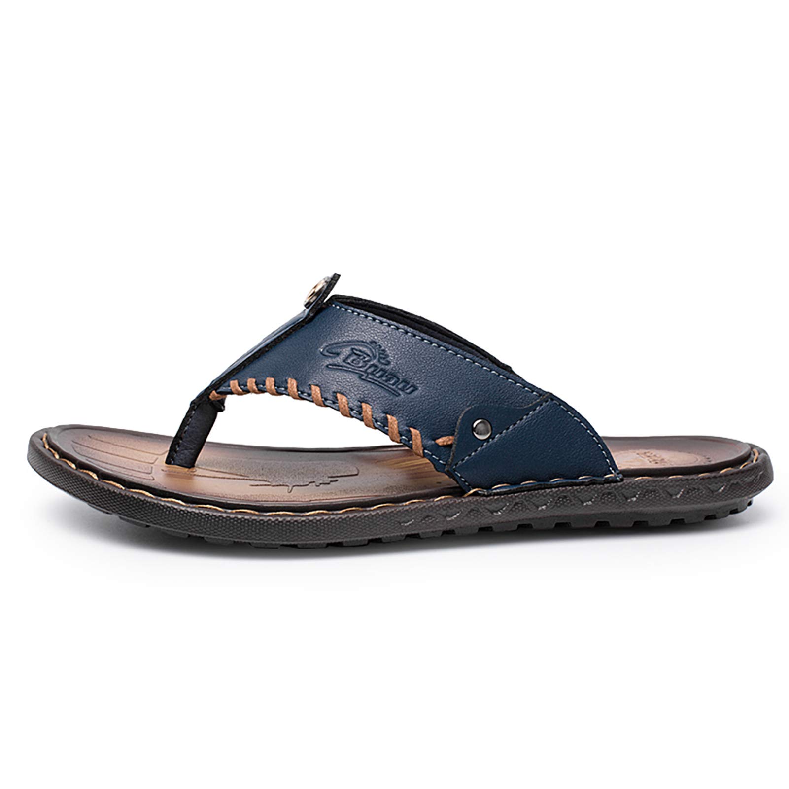 MXTSH Mens Flip Flops Casual Leather Home Sandals For Mens Rubber Sole Slippers (US Size 9.5(43), Blue Flip Flops)