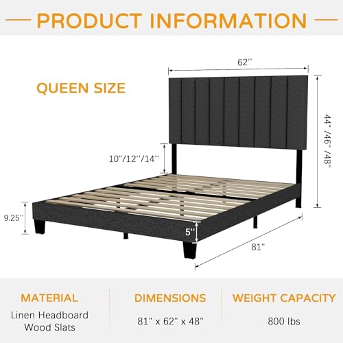 SWISH WEAVERS Queen Bed Frame Upholstered Platform with Adjustable Height Headboard, No Box Spring Needed, Non-Slip and Noise-Free, Easy Assembly Solid Wooden Slats (Dark Grey)