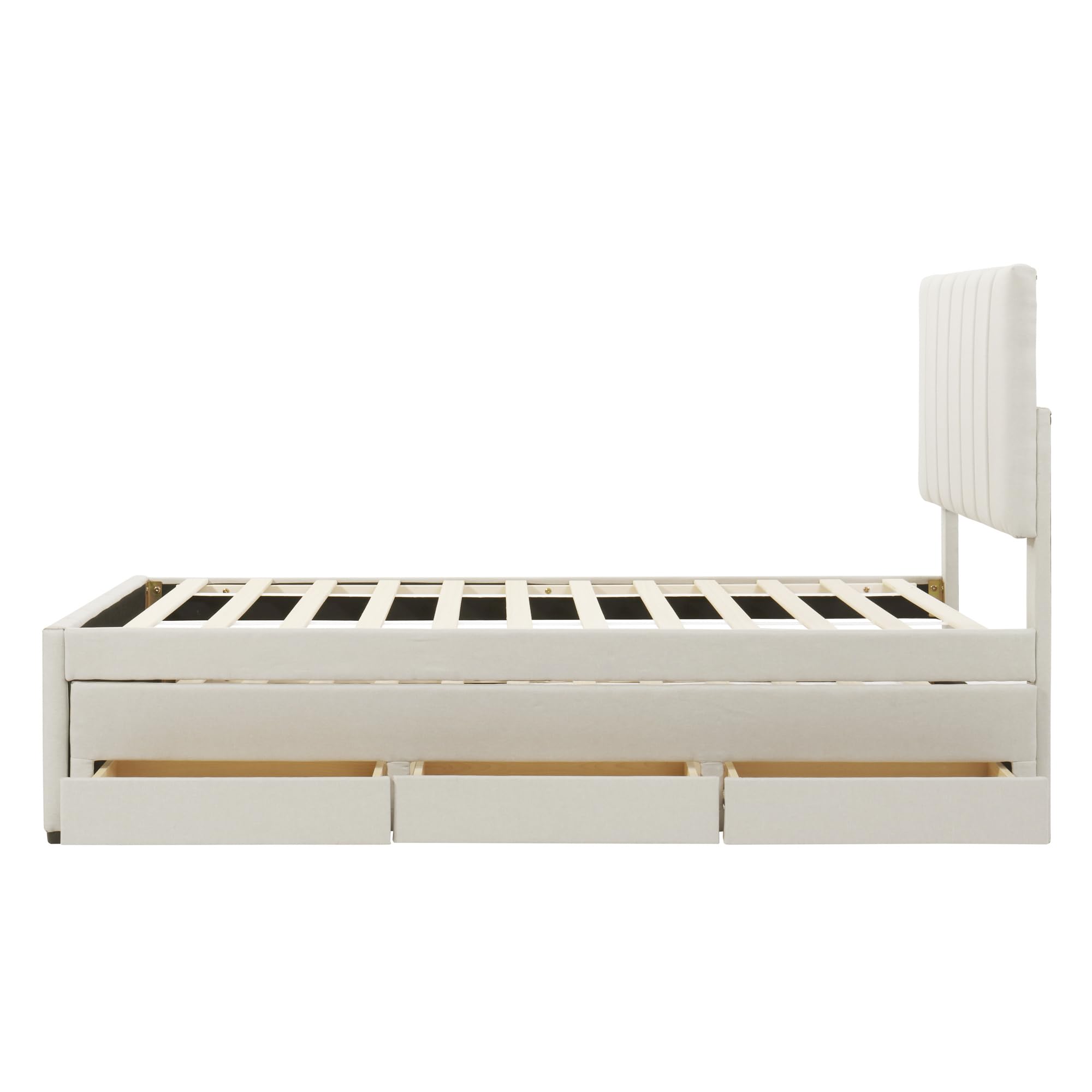 GJHOME Upholstered Platform Bed, Twin Size Wooden Bed Frame with Pull-Out Twin Size Trundle and 3 Drawers, Wood Slat Support, No Box Spring Needed, Linen Fabric, Beige