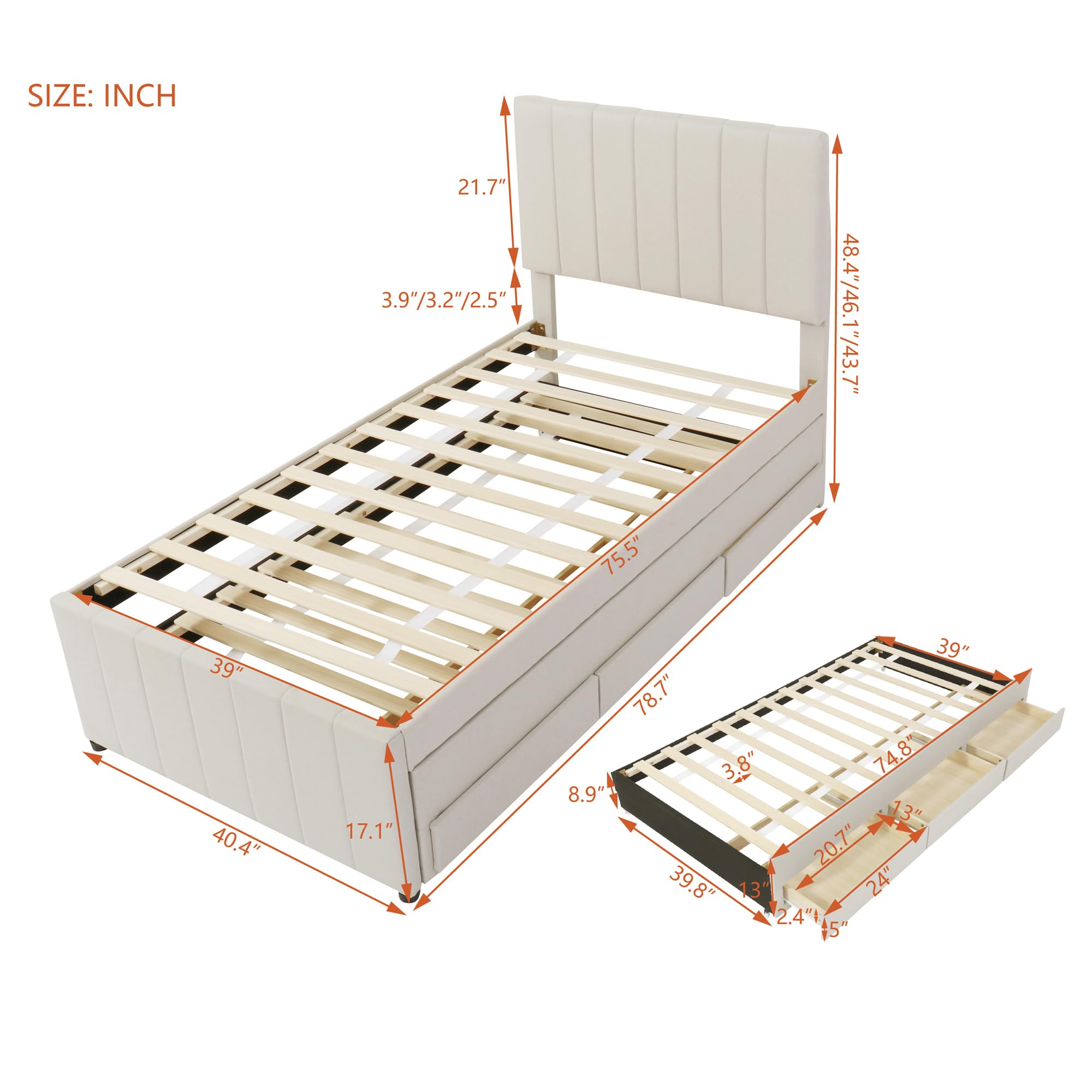 GJHOME Upholstered Platform Bed, Twin Size Wooden Bed Frame with Pull-Out Twin Size Trundle and 3 Drawers, Wood Slat Support, No Box Spring Needed, Linen Fabric, Beige