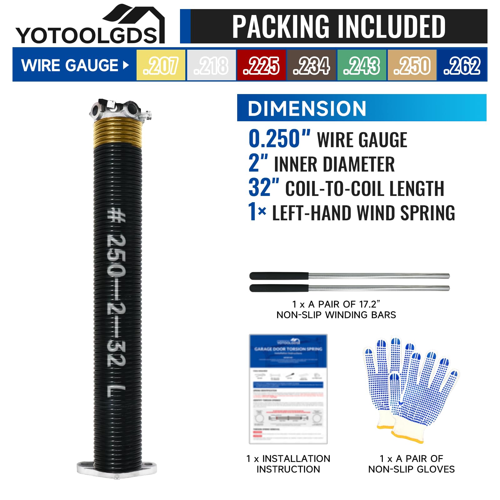 YoToolGDS Left Hand Wind(Black Cone)2" Garage Door Torsion Spring with Non-Slip Winding Bars & Gloves, High Precision Electrophoresis Black Coated, for Replacement, MIN 16,000 Cycles (0.250x2''x32'')