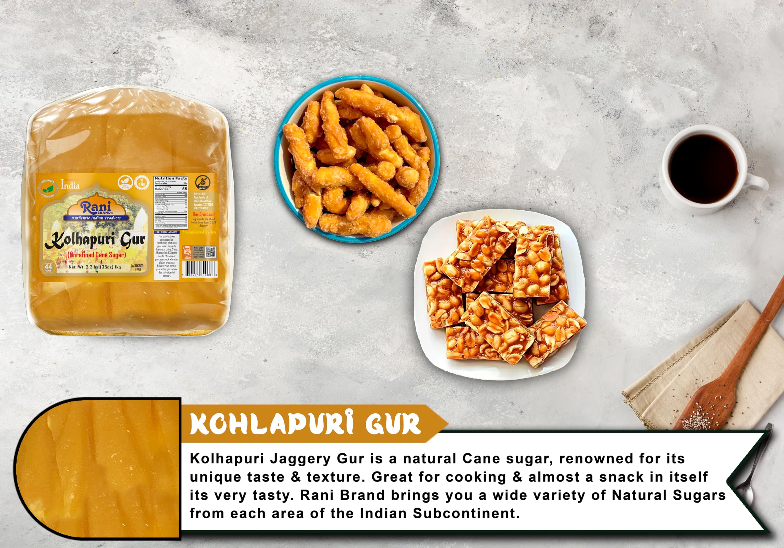 Rani Kolhapuri Gur (Jaggery) 1kg (2.2lbs) ~ Indian Unrefined Raw Cane Sugar, No Color added, Gluten Friendly | Vegan | NON-GMO | No Salt or fillers