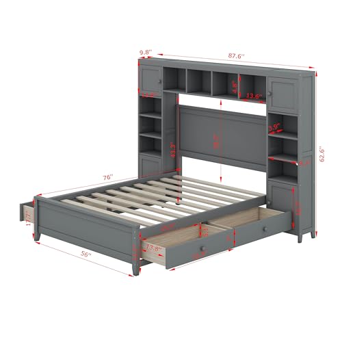BEBPILOO Full Size Wooden Bed with All-in-One Cabinet and Shelf for Kids,Teens (Gray)