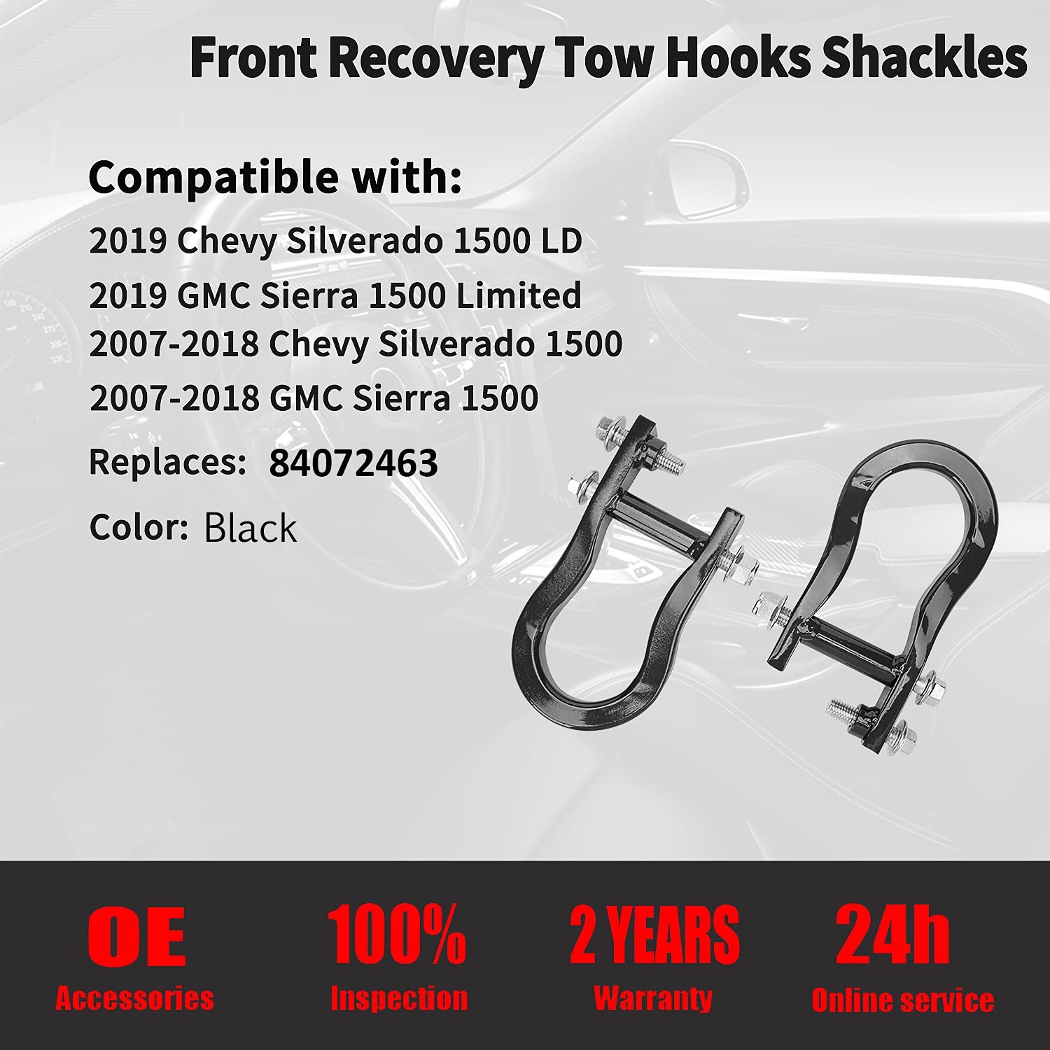 Chunle Front Recovery Tow Hooks Shackles Replacement for 2007-2018 Chevrolet Silverado GMC Sierra 1500, 2019 Chevy LD & Limited, Pair of Towing Hook Shackle Replaces# 84072463 (Black)
