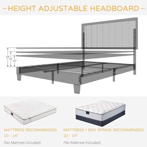 SWISH WEAVERS Queen Bed Frame Upholstered Platform with Adjustable Height Headboard, No Box Spring Needed, Non-Slip and Noise-Free, Easy Assembly Solid Wooden Slats (Dark Grey)