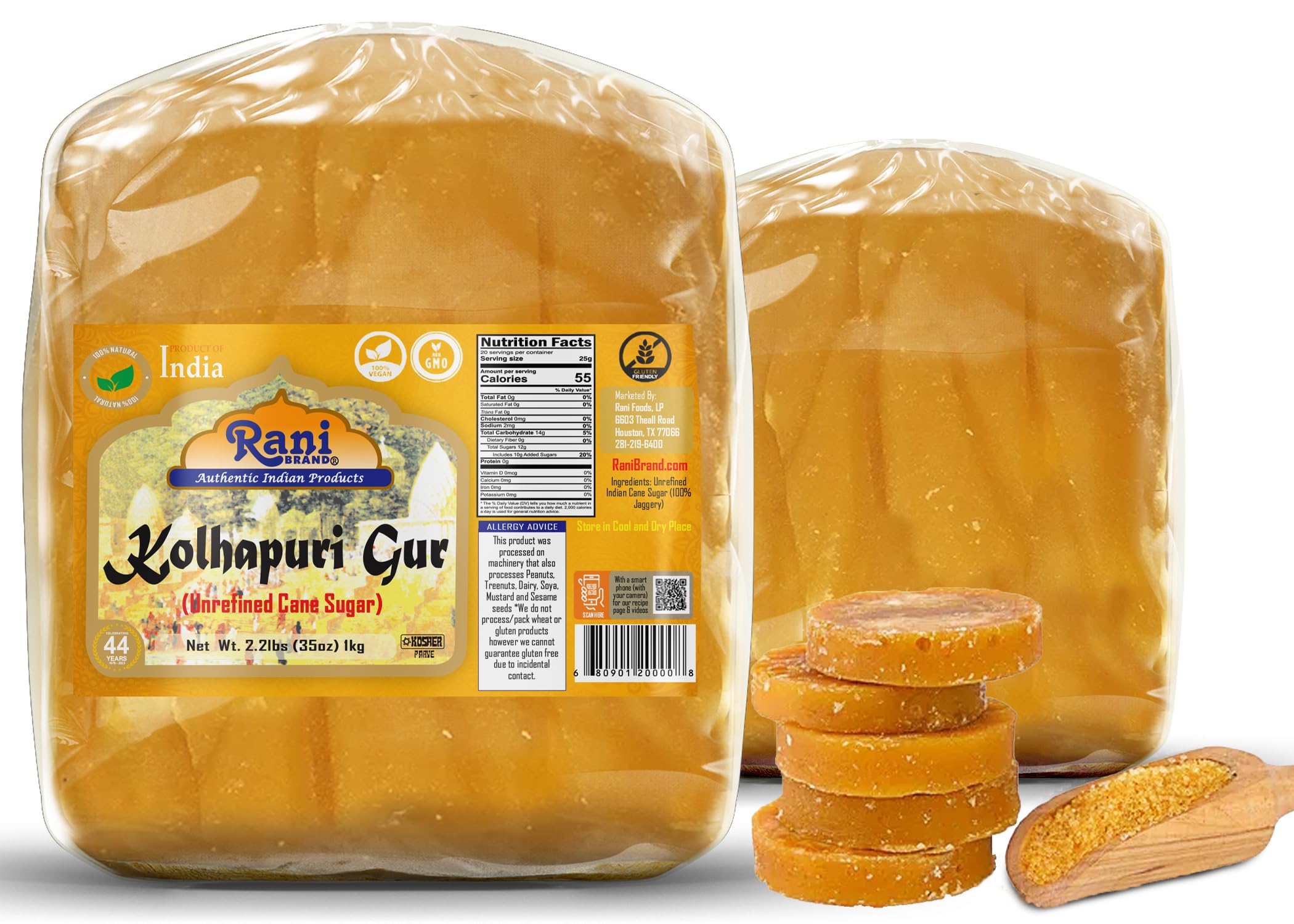 Rani Kolhapuri Gur (Jaggery) 1kg (2.2lbs) ~ Indian Unrefined Raw Cane Sugar, No Color added, Gluten Friendly | Vegan | NON-GMO | No Salt or fillers