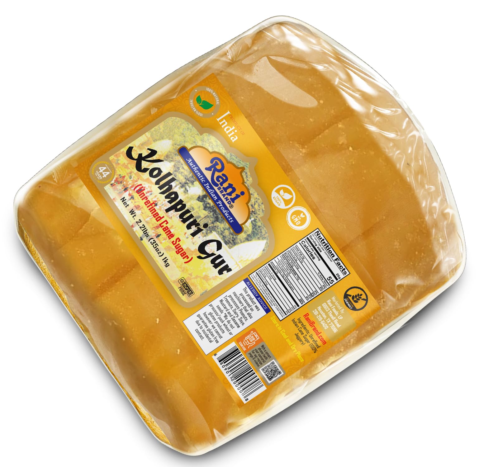 Rani Kolhapuri Gur (Jaggery) 1kg (2.2lbs) ~ Indian Unrefined Raw Cane Sugar, No Color added, Gluten Friendly | Vegan | NON-GMO | No Salt or fillers