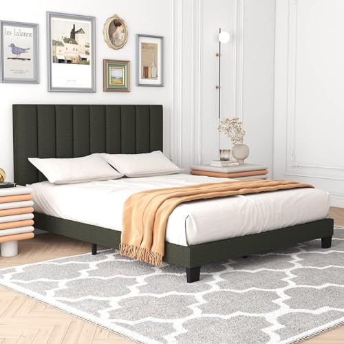 SWISH WEAVERS Queen Bed Frame Upholstered Platform with Adjustable Height Headboard, No Box Spring Needed, Non-Slip and Noise-Free, Easy Assembly Solid Wooden Slats (Dark Grey)