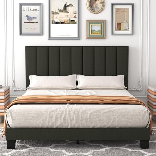 SWISH WEAVERS Queen Bed Frame Upholstered Platform with Adjustable Height Headboard, No Box Spring Needed, Non-Slip and Noise-Free, Easy Assembly Solid Wooden Slats (Dark Grey)