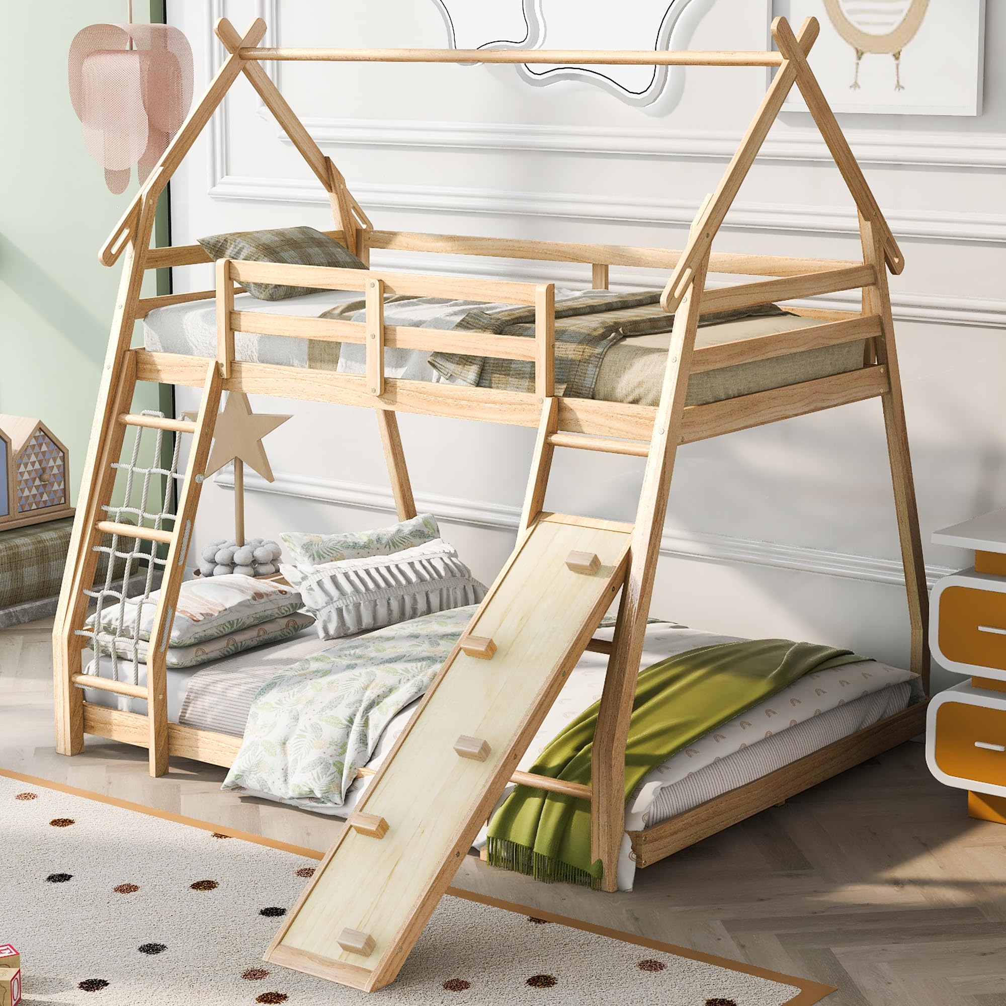 BIADNBZ Twin Over Queen House Bunk Bed with Climb Nets and Climbing Ramp, Wooden Playhouse BunkBed Frame for Kids Boys Girls Bedroom, Natural