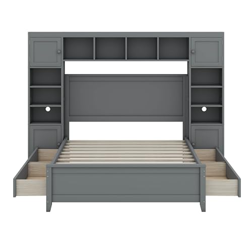 BEBPILOO Full Size Wooden Bed with All-in-One Cabinet and Shelf for Kids,Teens (Gray)