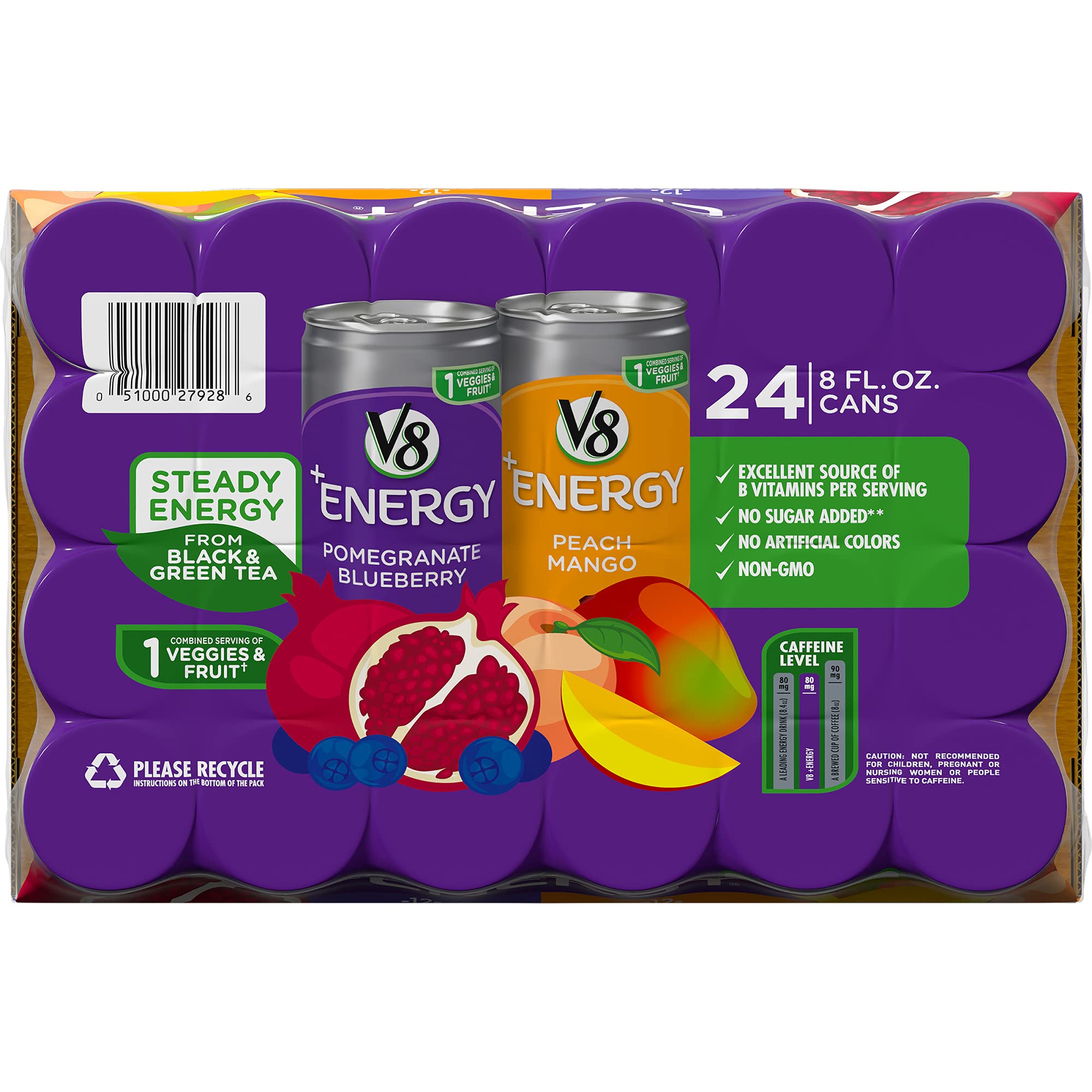 V8 +Energy Variety Pack, Healthy Energy Drink, 12 Pomegranate Blueberry and 12 Peach Mango, 8 Oz Can)