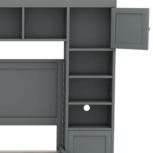 BEBPILOO Full Size Wooden Bed with All-in-One Cabinet and Shelf for Kids,Teens (Gray)
