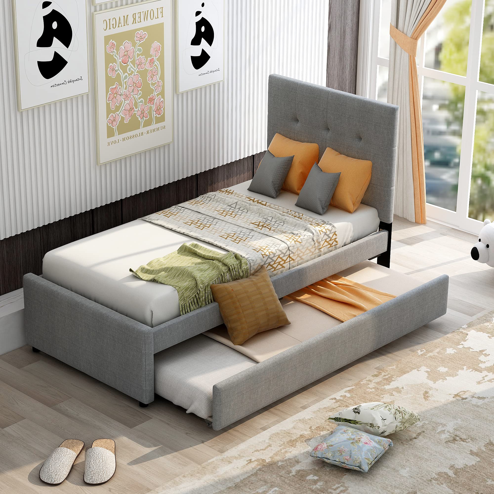 CJLMN Modern Twin Size Linen Upholstered Platform Bed with Trundle and Headboard,Wooden Bed Frame for Kids Teens Adults,No Box Spring Needed