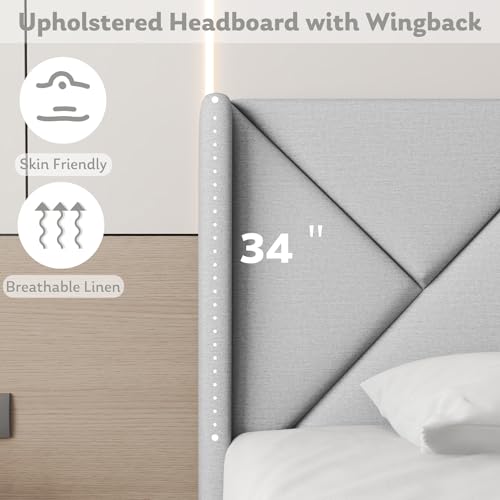 QIAYA Bed Frame Queen Size Upholstered Platform with Fabric Wingback Headboard/12 Solid Wooden Slats, Non-Slip and Noise-Free, No Box Spring Needed, Light Gray