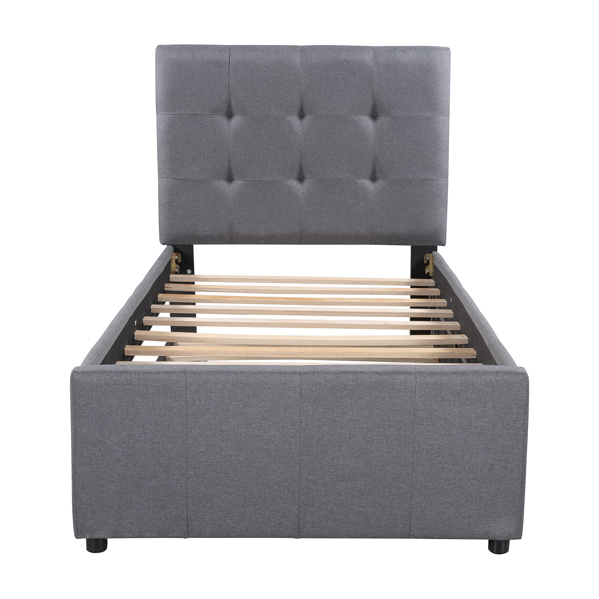 CJLMN Modern Twin Size Linen Upholstered Platform Bed with Trundle and Headboard,Wooden Bed Frame for Kids Teens Adults,No Box Spring Needed