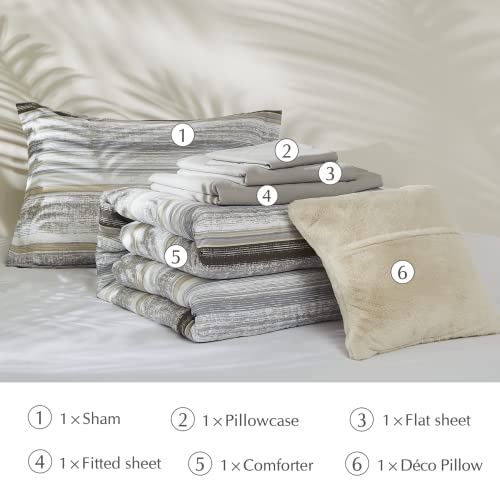 MaiRêve Grey Twin Bed in A Bag, Soft Grey Stripe Minimalist Comforter Set Urban House Design 6 Pieces for Boys Girls or Dorm Bedding(Mosaic Horizontal Stripes,Twin)