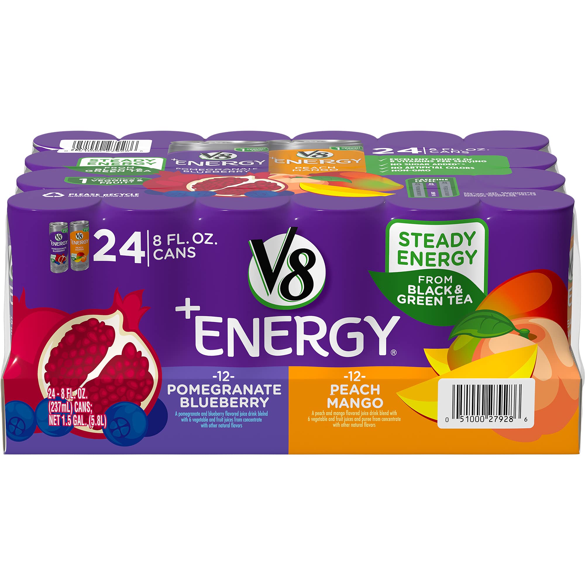V8 +Energy Variety Pack, Healthy Energy Drink, 12 Pomegranate Blueberry and 12 Peach Mango, 8 Oz Can)