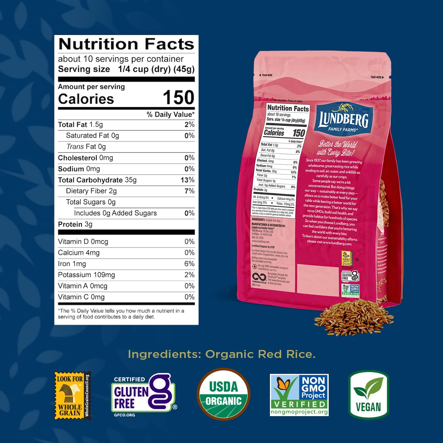 Lundberg Organic Red Jasmine Rice, Long Grain Red Rice - Non-Sticky, Fluffy Aromatic Rice, Organically Grown in California, Pantry Staples, 16 Oz