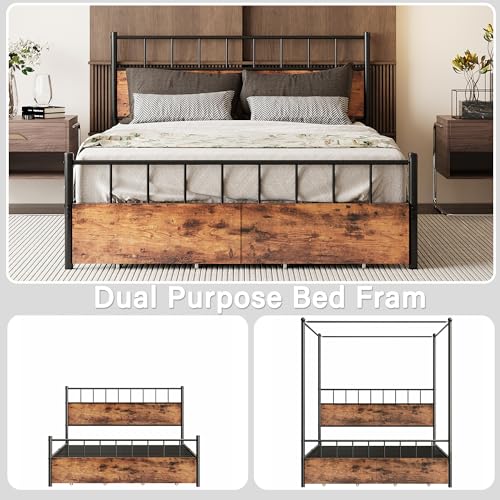 LIKIMIO Canopy Bed Frame Full with Wooden Headboard and Drawer, Full Size Bed Frame with 4 Removable Sturdy Posts, Noise Free, No Box Spring Needed, Vintage Brown
