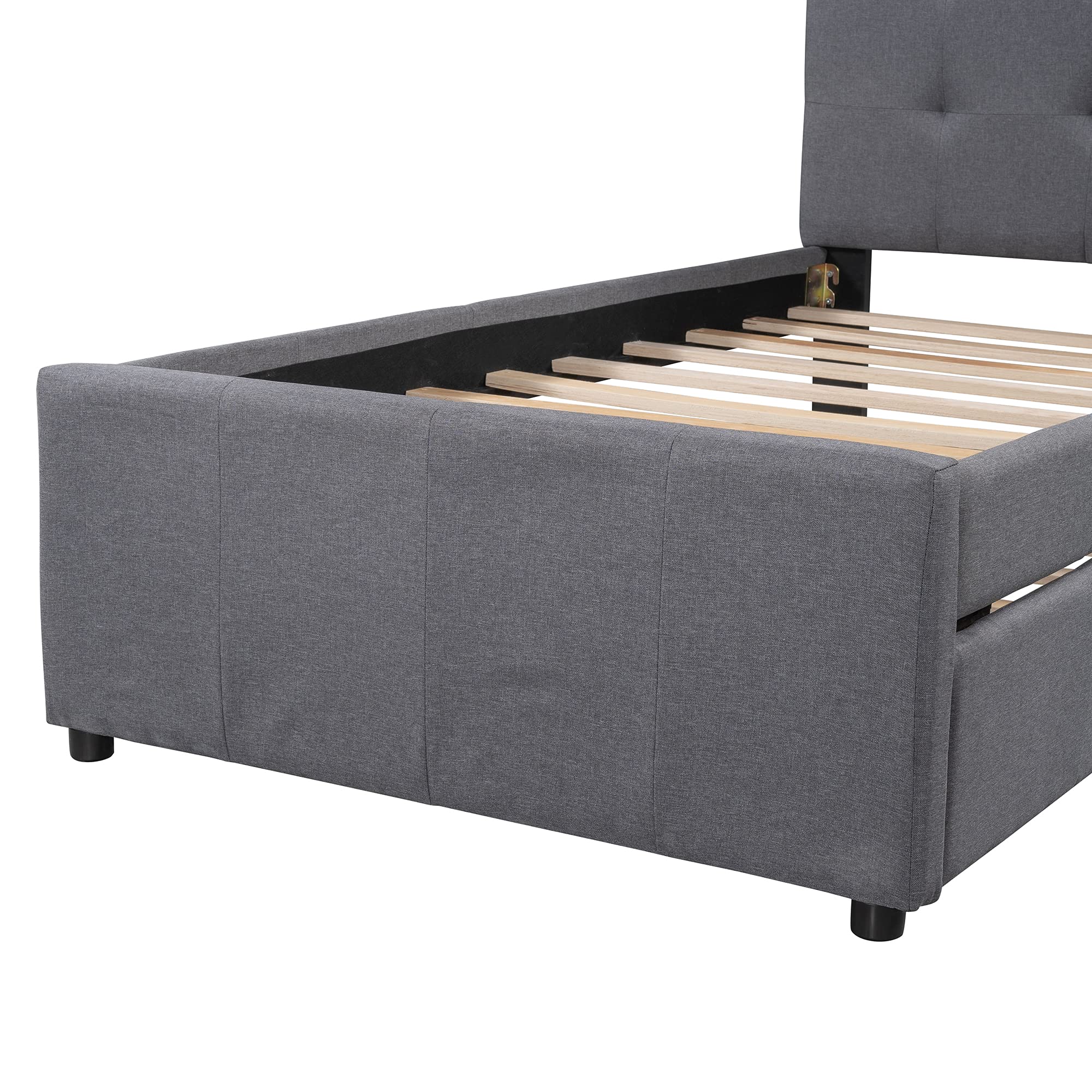 CJLMN Modern Twin Size Linen Upholstered Platform Bed with Trundle and Headboard,Wooden Bed Frame for Kids Teens Adults,No Box Spring Needed