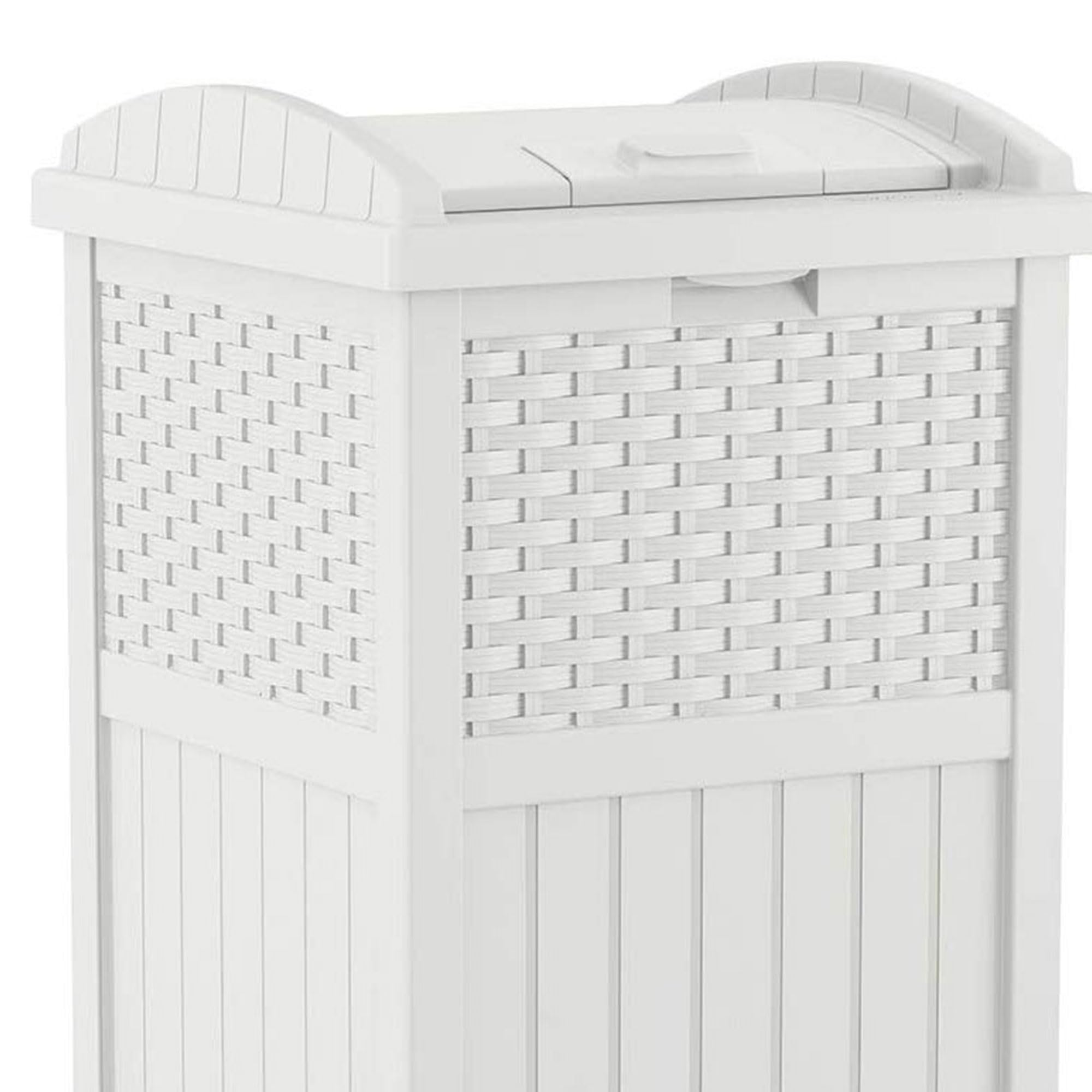 Suncast 33 Gallon Durable Plastic Hideaway Outdoor Garbage Can Trash Bin with Lid and Wicker Design for Backyard, Deck, or Patio, White