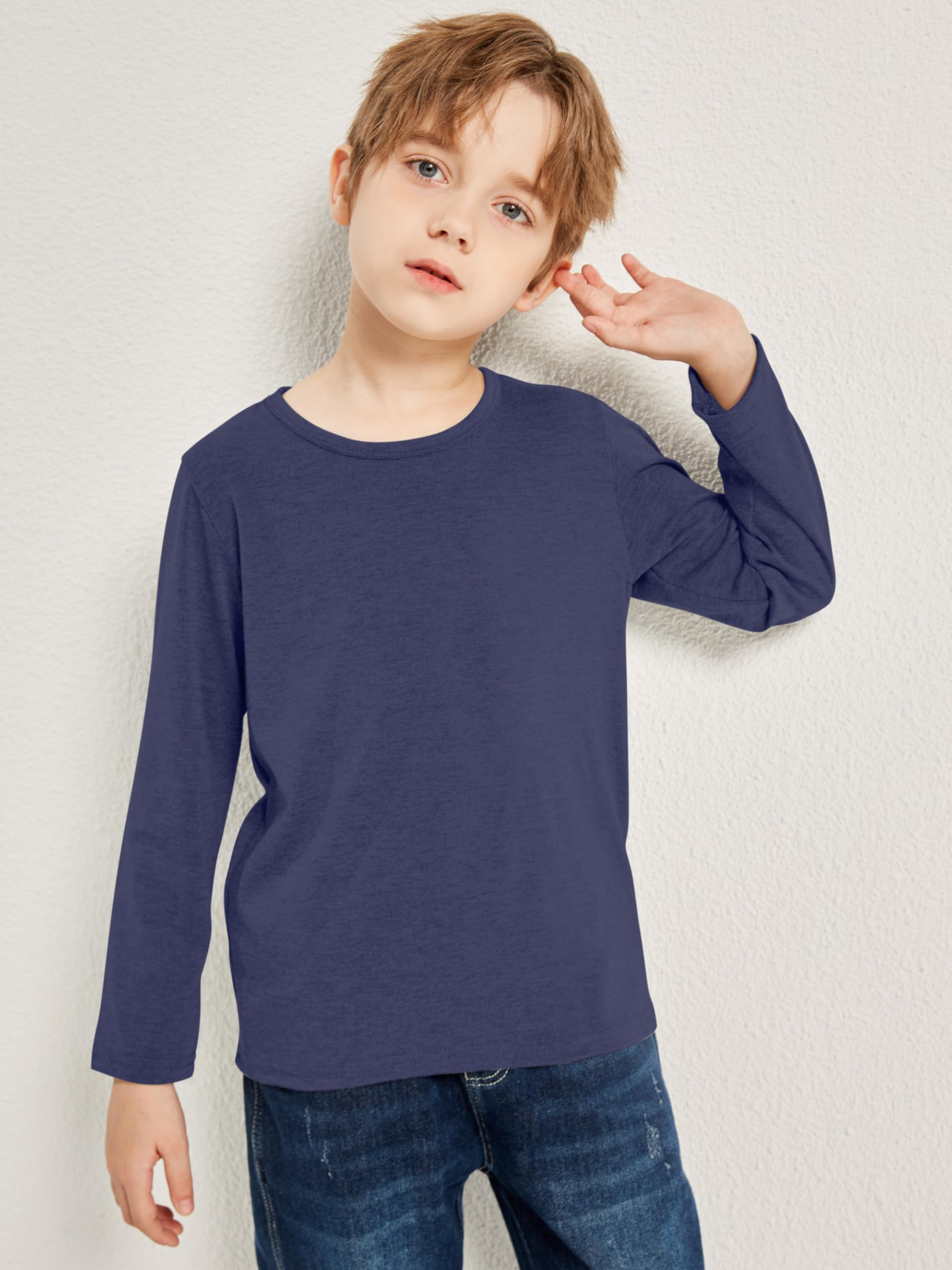 Cooraby 5 Pack Boys' Long Sleeve Crewneck Kids Soft T-Shirts Top