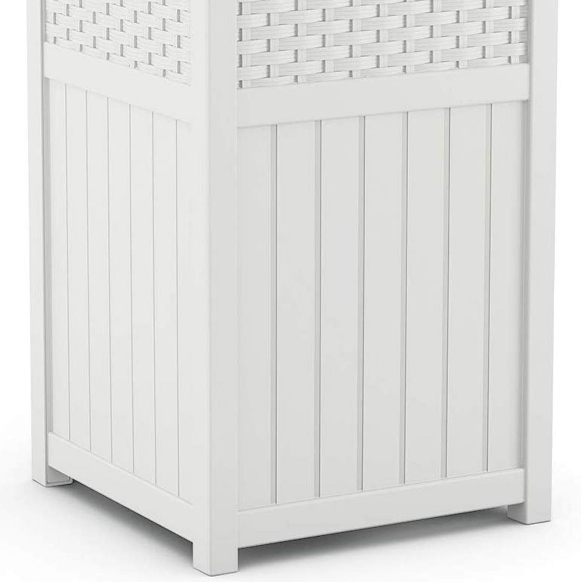 Suncast 33 Gallon Durable Plastic Hideaway Outdoor Garbage Can Trash Bin with Lid and Wicker Design for Backyard, Deck, or Patio, White