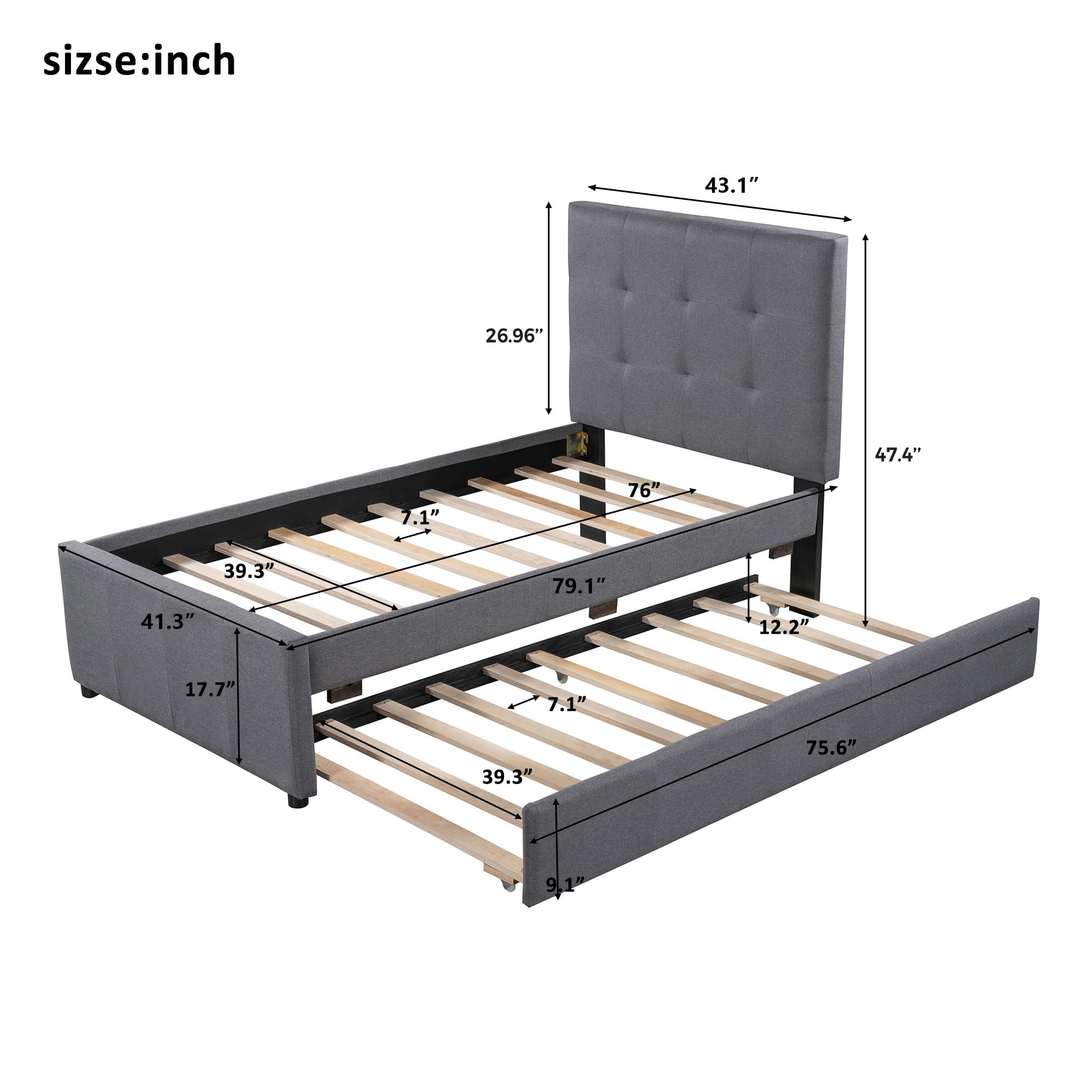 CJLMN Modern Twin Size Linen Upholstered Platform Bed with Trundle and Headboard,Wooden Bed Frame for Kids Teens Adults,No Box Spring Needed
