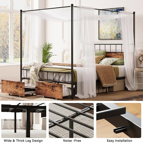 LIKIMIO Canopy Bed Frame Full with Wooden Headboard and Drawer, Full Size Bed Frame with 4 Removable Sturdy Posts, Noise Free, No Box Spring Needed, Vintage Brown