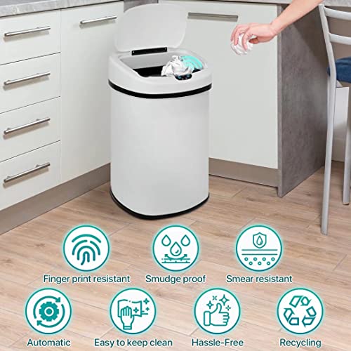 NiamVelo 13 Gallon Kitchen Trash Can Bathroom Trash Can Automatic Sensor Stainless Steel Trash Can Garbage Can with Lid by 4xC Batteries for Kitchen, Bathroom,Rest Room,Office, White