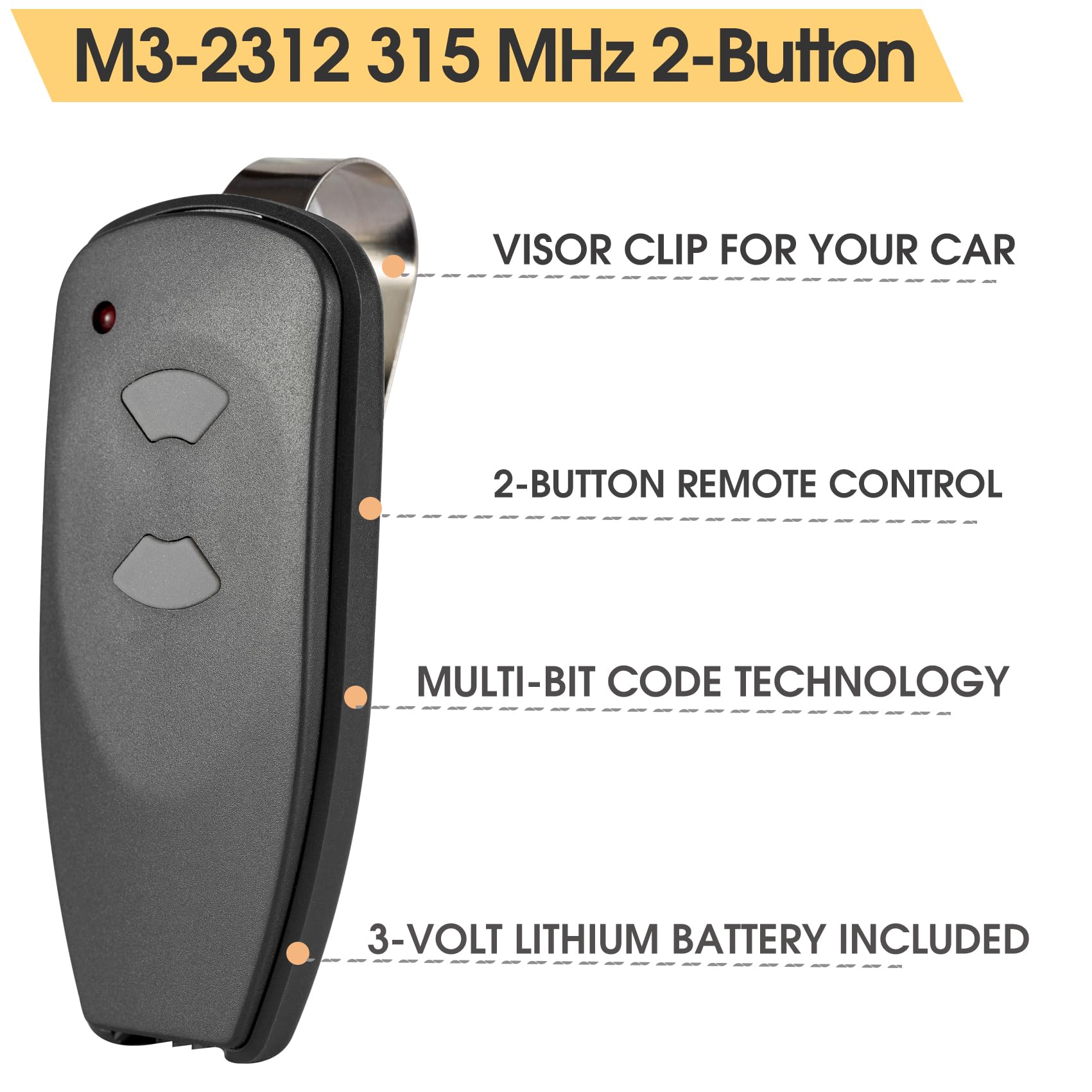 M3-2312 315 MHz 2-Button Garage Door Opener Remote Compatible with Marantec M4500e, M4700e, Martin DC3700, DC2500 with Sun Visor Clip, Gray, 2 Pack