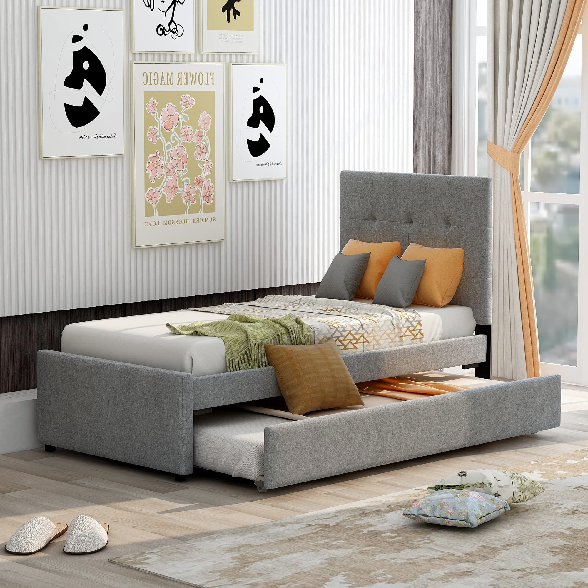 CJLMN Modern Twin Size Linen Upholstered Platform Bed with Trundle and Headboard,Wooden Bed Frame for Kids Teens Adults,No Box Spring Needed
