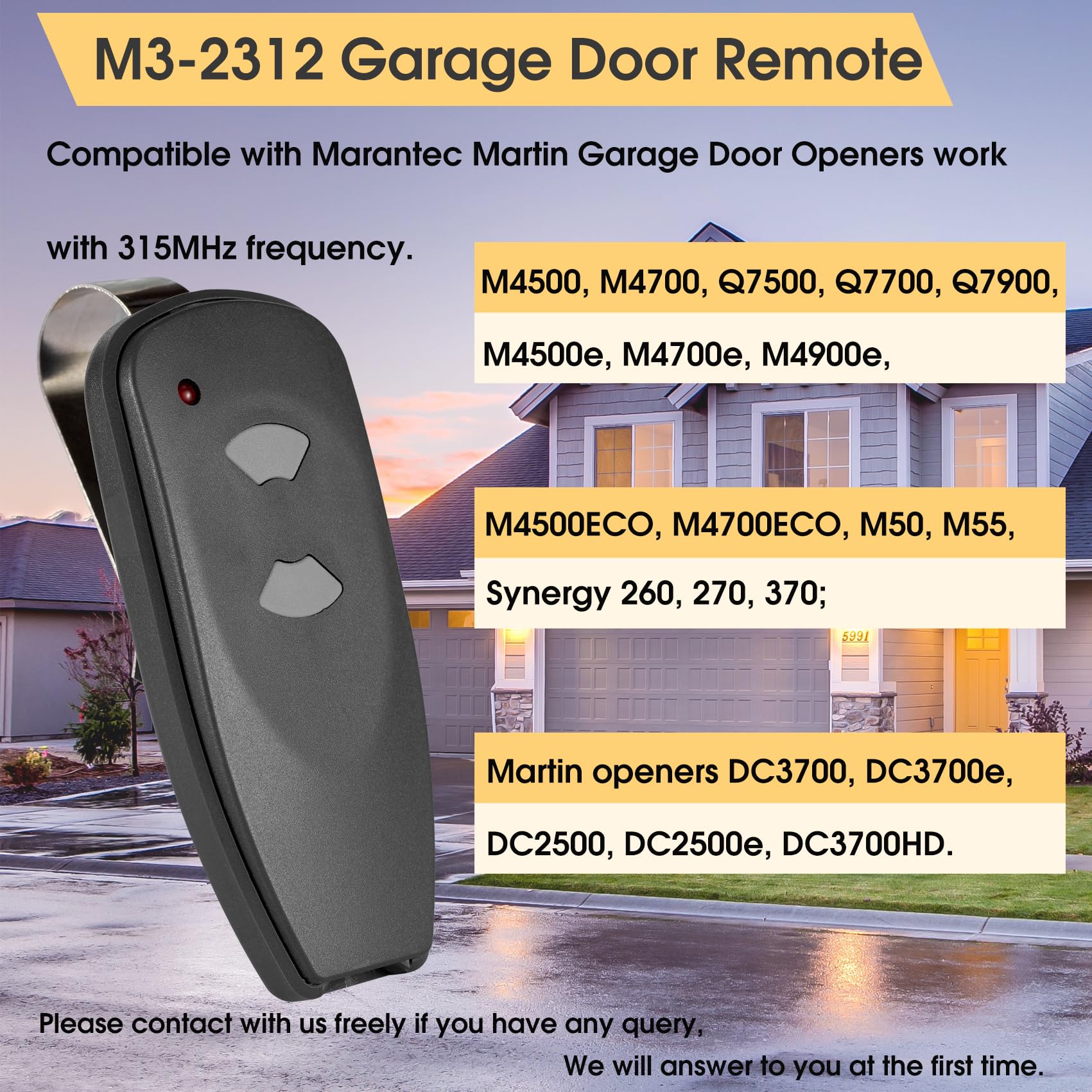 M3-2312 315 MHz 2-Button Garage Door Opener Remote Compatible with Marantec M4500e, M4700e, Martin DC3700, DC2500 with Sun Visor Clip, Gray, 2 Pack