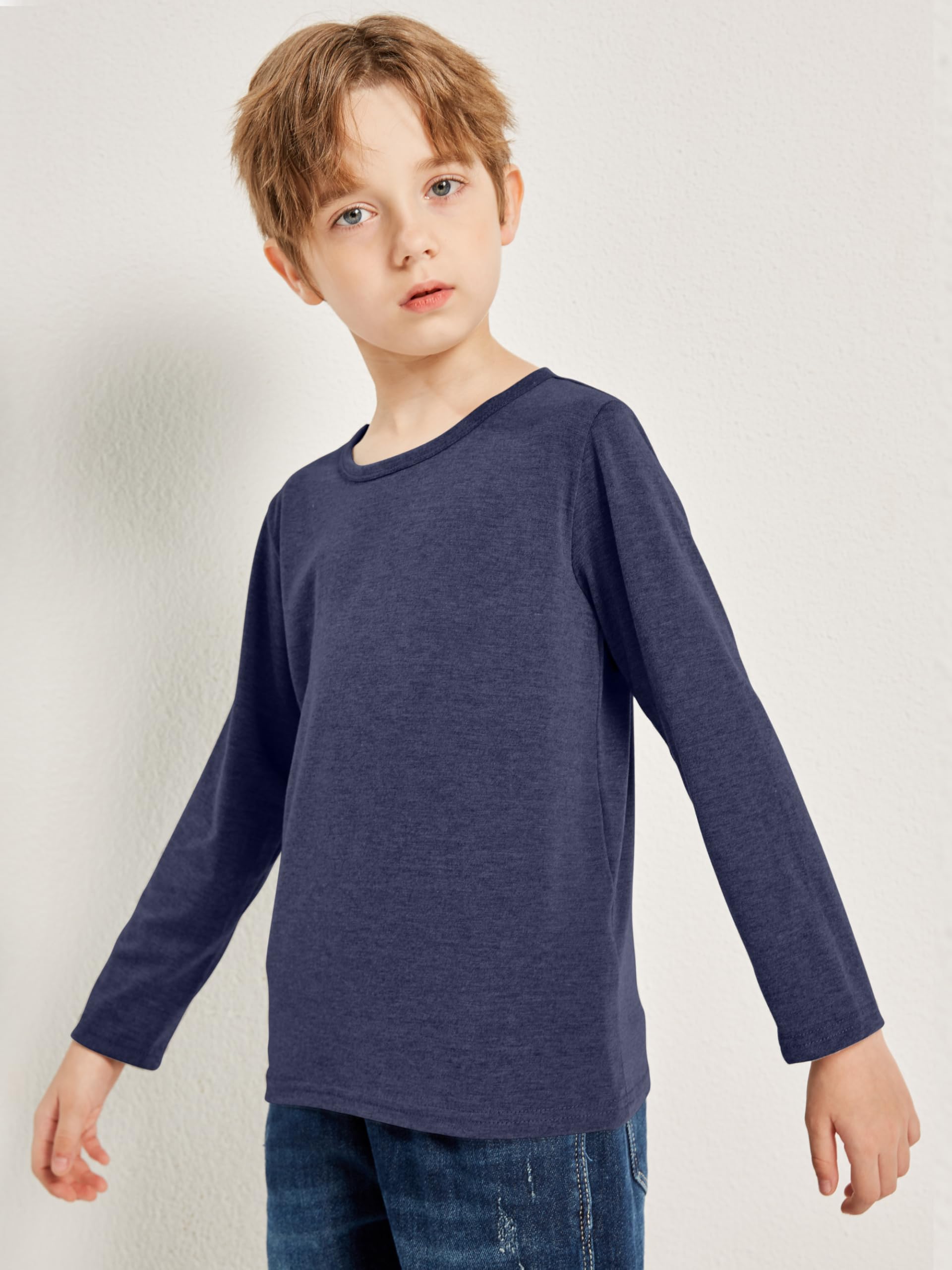 Cooraby 5 Pack Boys' Long Sleeve Crewneck Kids Soft T-Shirts Top