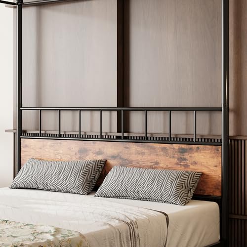 LIKIMIO Canopy Bed Frame Full with Wooden Headboard and Drawer, Full Size Bed Frame with 4 Removable Sturdy Posts, Noise Free, No Box Spring Needed, Vintage Brown