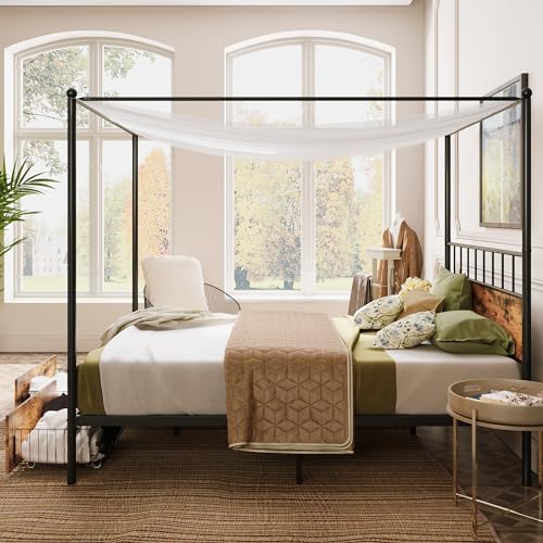 LIKIMIO Canopy Bed Frame Full with Wooden Headboard and Drawer, Full Size Bed Frame with 4 Removable Sturdy Posts, Noise Free, No Box Spring Needed, Vintage Brown