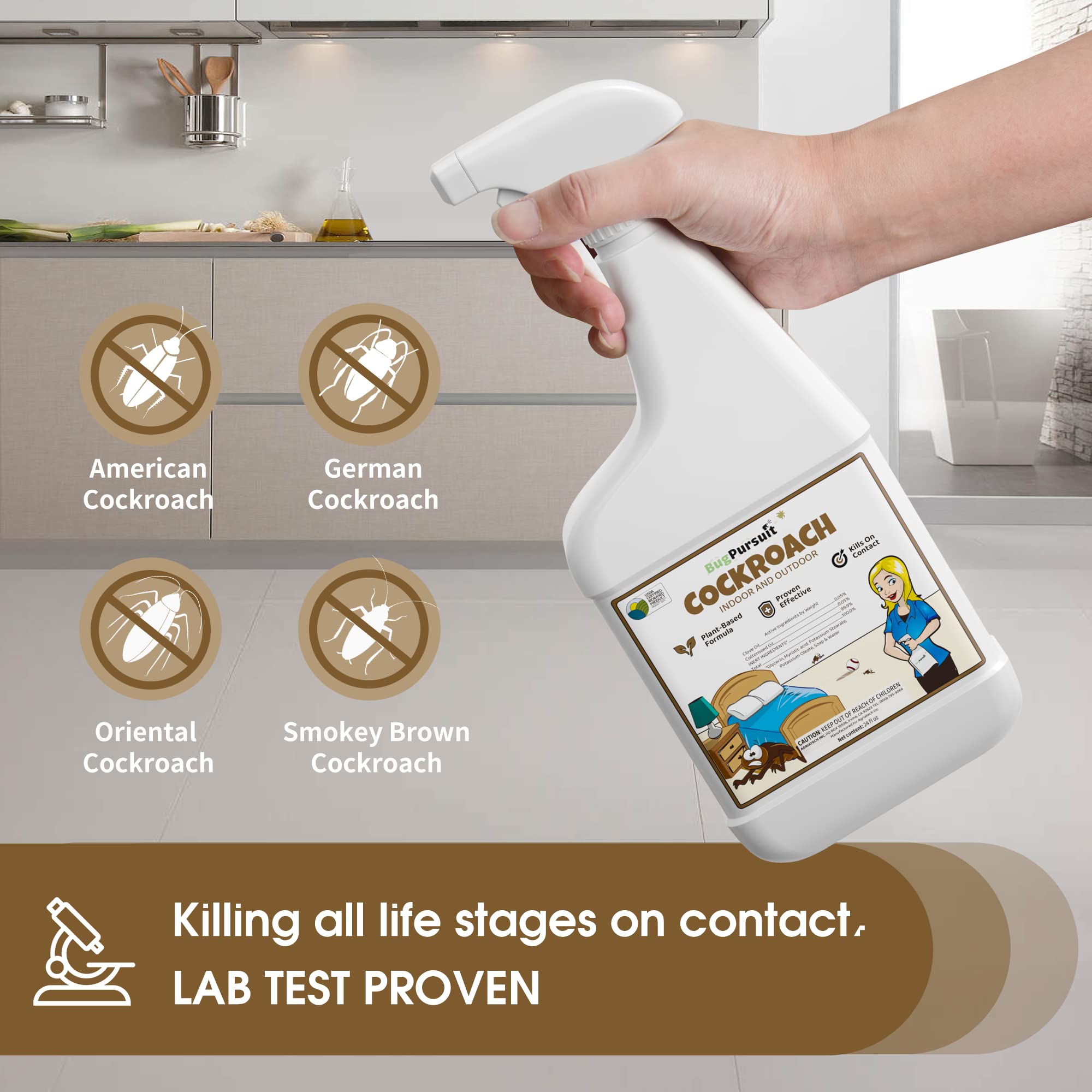 BugPursuit -Cockroach Killer Natural Spray for Home and Kitchen -100% Proven Effective - USDA Biobased Certified - Indoor and Outdoor Use Safe - Plant Based Formula-Non Staining-Child and Pet Safe