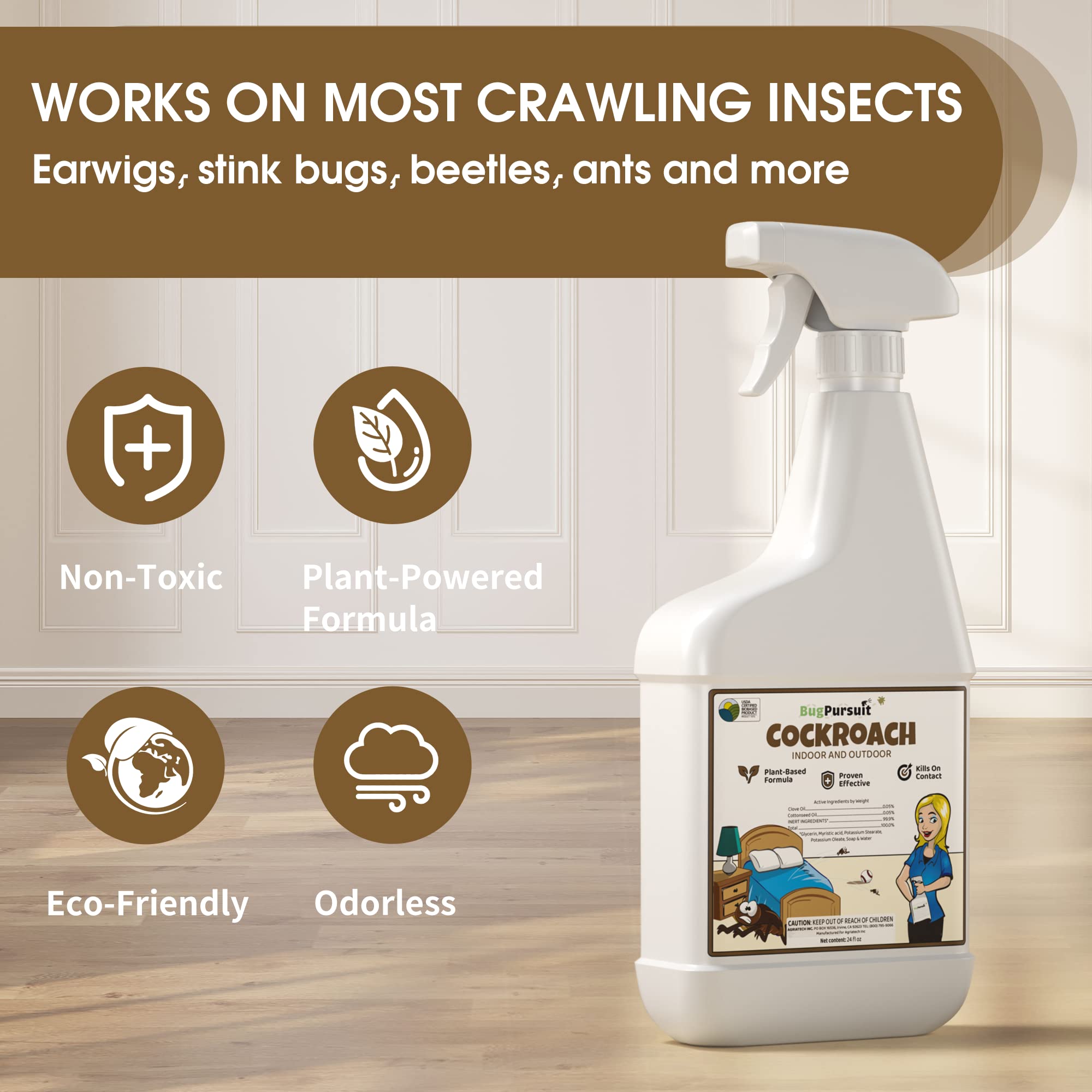 BugPursuit -Cockroach Killer Natural Spray for Home and Kitchen -100% Proven Effective - USDA Biobased Certified - Indoor and Outdoor Use Safe - Plant Based Formula-Non Staining-Child and Pet Safe