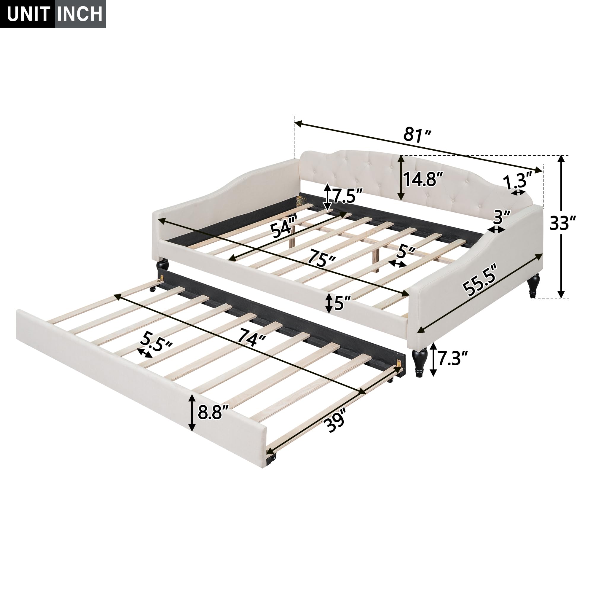 Upholstered Full Daybed with Twin Size Trundle, Full Size Daybed Frame with Button Tufted and Wingback Design, Wooden Full Sofa Bed for Livingroom Bedroom, No Box Spring Needed,Beige