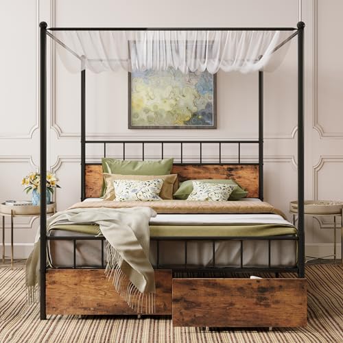 LIKIMIO Canopy Bed Frame Full with Wooden Headboard and Drawer, Full Size Bed Frame with 4 Removable Sturdy Posts, Noise Free, No Box Spring Needed, Vintage Brown